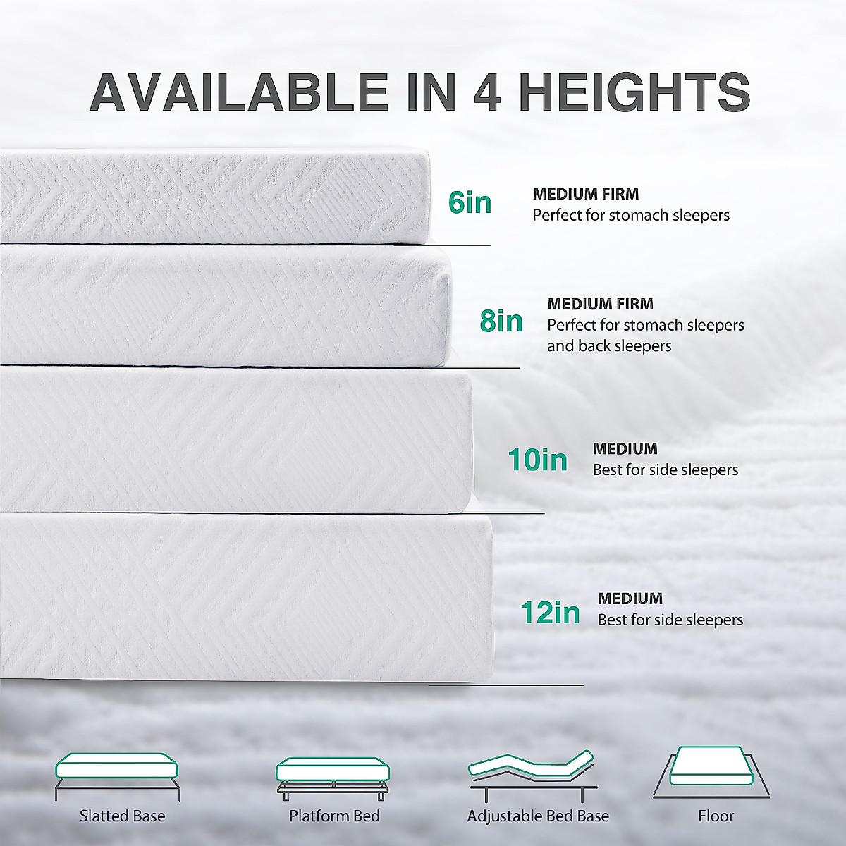 Dyonery King Mattress - 10 Inch Green Tea Memory Foam Mattress- King Mattress in a Box - CertiPUR-US Certified Fiberglass Free Mattress - Gel Layer - Medium - 76"x80"