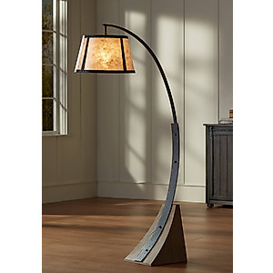 Franklin Iron Works Oak River Rustic Farmhouse Mission Style Arched Floor Lamp 66.5" Tall Dark Gray Black Wood Standing Base Mica Drum Shade for Living Room Reading House Bedroom Home Office