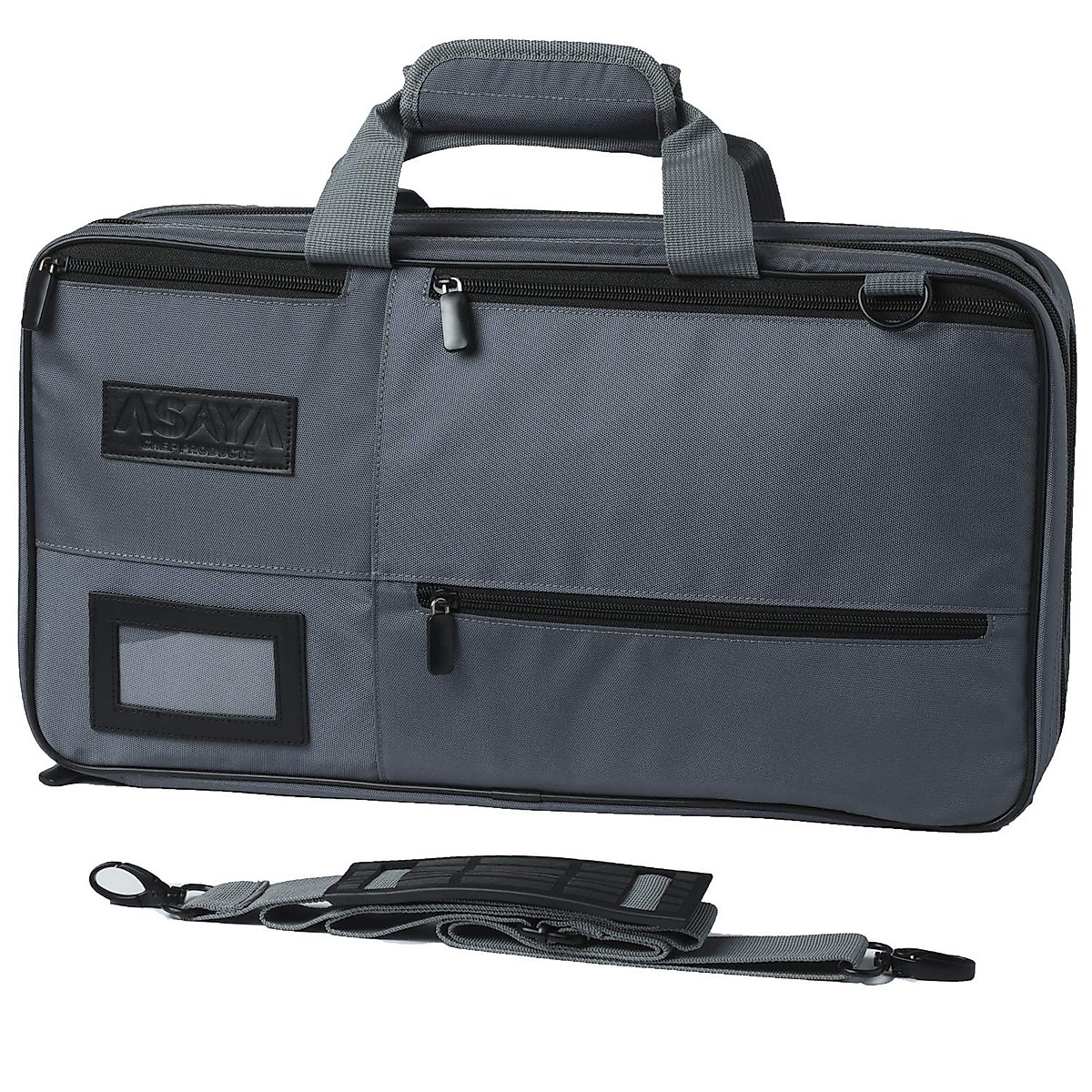 Asaya Chef Knife Bag - 28 Pockets for Knives and Kitchen Utensils - Durable Ballistic Nylon, Black Stainless Steel Hardware, Card Holder and Adjustable Shoulder Strap - Knifes not Included