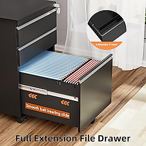 INTERGREAT Rolling File Cabinet with Wheels, 3 Drawer Metal Mobile Filing Cabinet with Lock, Black Vertical File Cabinet Under Desk with Hanging Bars, Fully Assembled