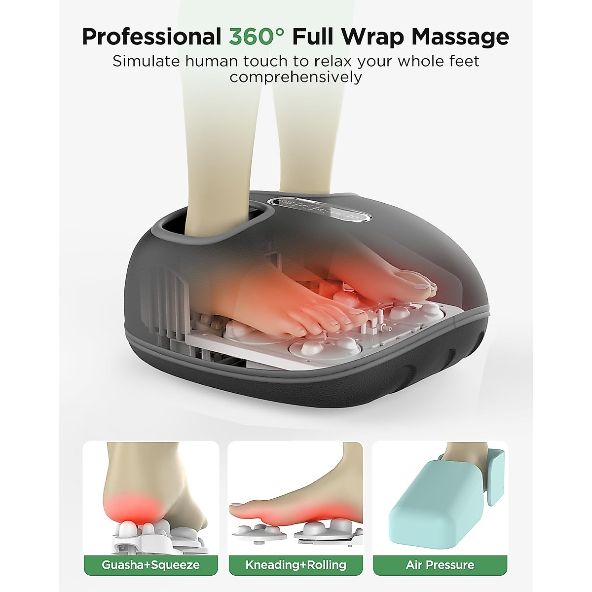 Neuksso Foot Massager with Heat, Shiatsu Deep Kneading Foot Massager Machine with Multiple Massage Modes & Adjustable Air Intensity for Home and Office Use, Fits Feet Up to Men Size 12 (Gray)