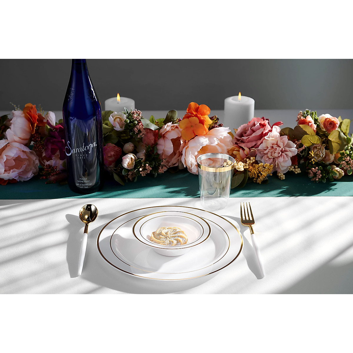 BloominGoods 50 Disposable White Gold Trim Plastic Dessert Bowls | SMALL 6 oz. Premium Heavy Duty Disposable Dinnerware with Real China Design | Safe & Reusable and Great for Parties (50-Pack)