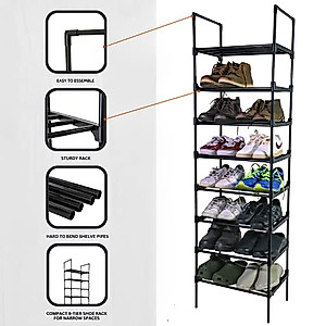 FIDUCIAL HOME: Simple Shoe Rack Organizer, 8-Tiers Stackable with side Hooks for Entryway, 16-20 Pairs Metal Shoe Shelve, Black