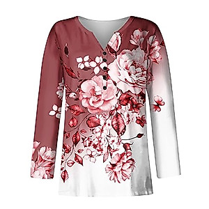 Fall Outfits for Women Boho Shirt Women Womens Tops Dressy Casual Boho Print Sweatshirt Floral Fall Long Sleeve Sweatshirt Women Plus Size Womens Halloween Costumes（1-Wine,Medium）
