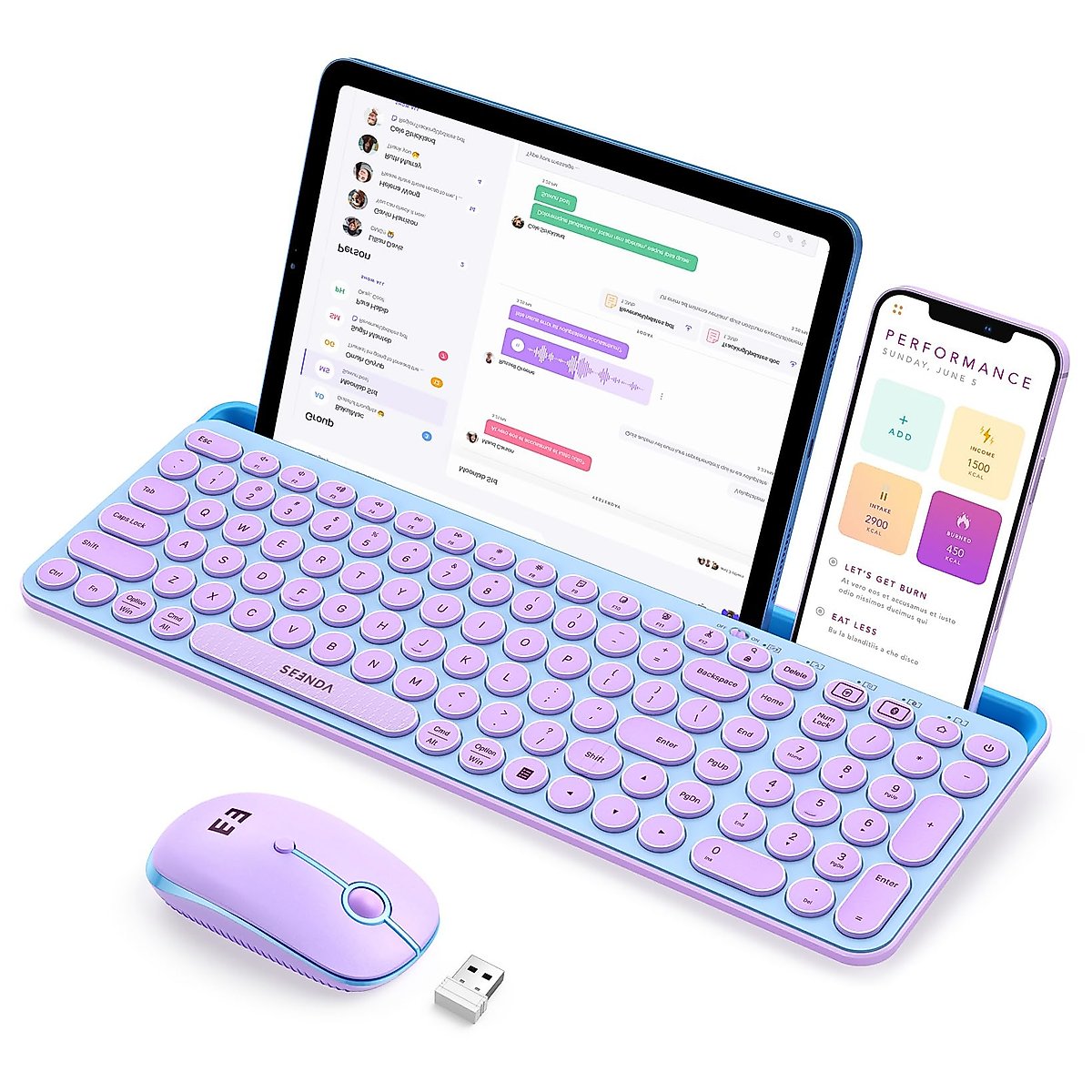 seenda Bluetooth Keyboard and Mouse for iPad, Multi-Device Bluetooth + 2.4G Wireless Keyboard Mouse with Tablet Holder for MacBook/Windows Computer, iOS/Andriod Tablet Phone, Blue & Purple