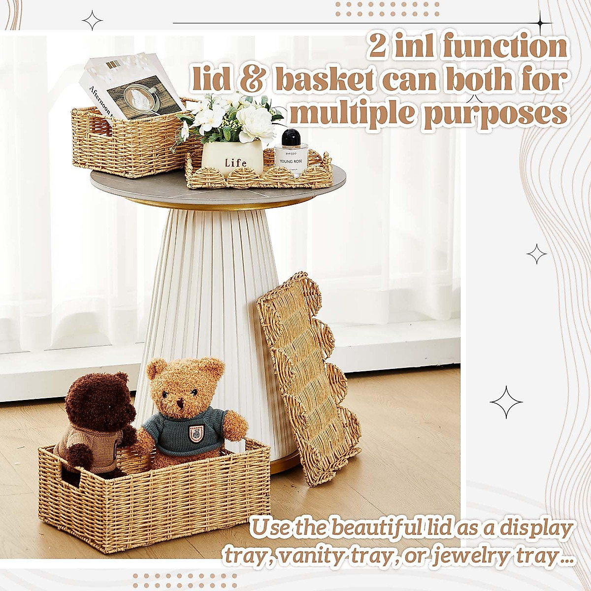 Sintuff 2 Pieces Hand Woven Rattan Basket with Lid Scalloped Storage Basket 2 Sizes Multipurpose Wicker Basket Large Decorative Storage Box for Shelf Closet, Natural