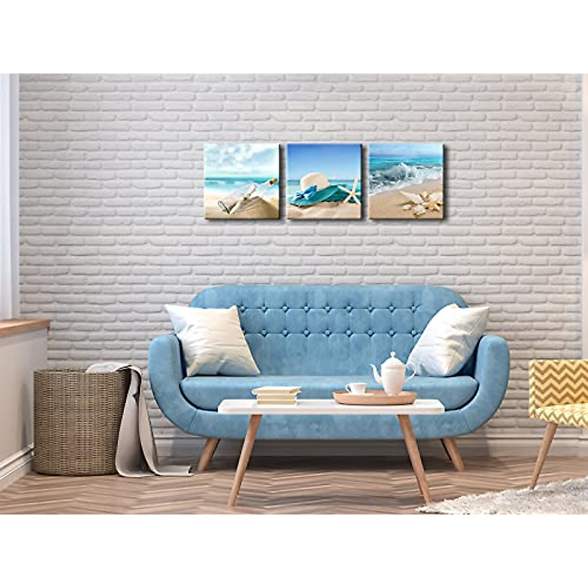 Pyradecor 3 Panels Starfish Seashell Bottle Beach Pictures on Canvas Wall Art Modern Seascape Stretched and Framed Giclee Canvas Prints Seaview Landscape Artwork for Bedroom Home Office Decorations