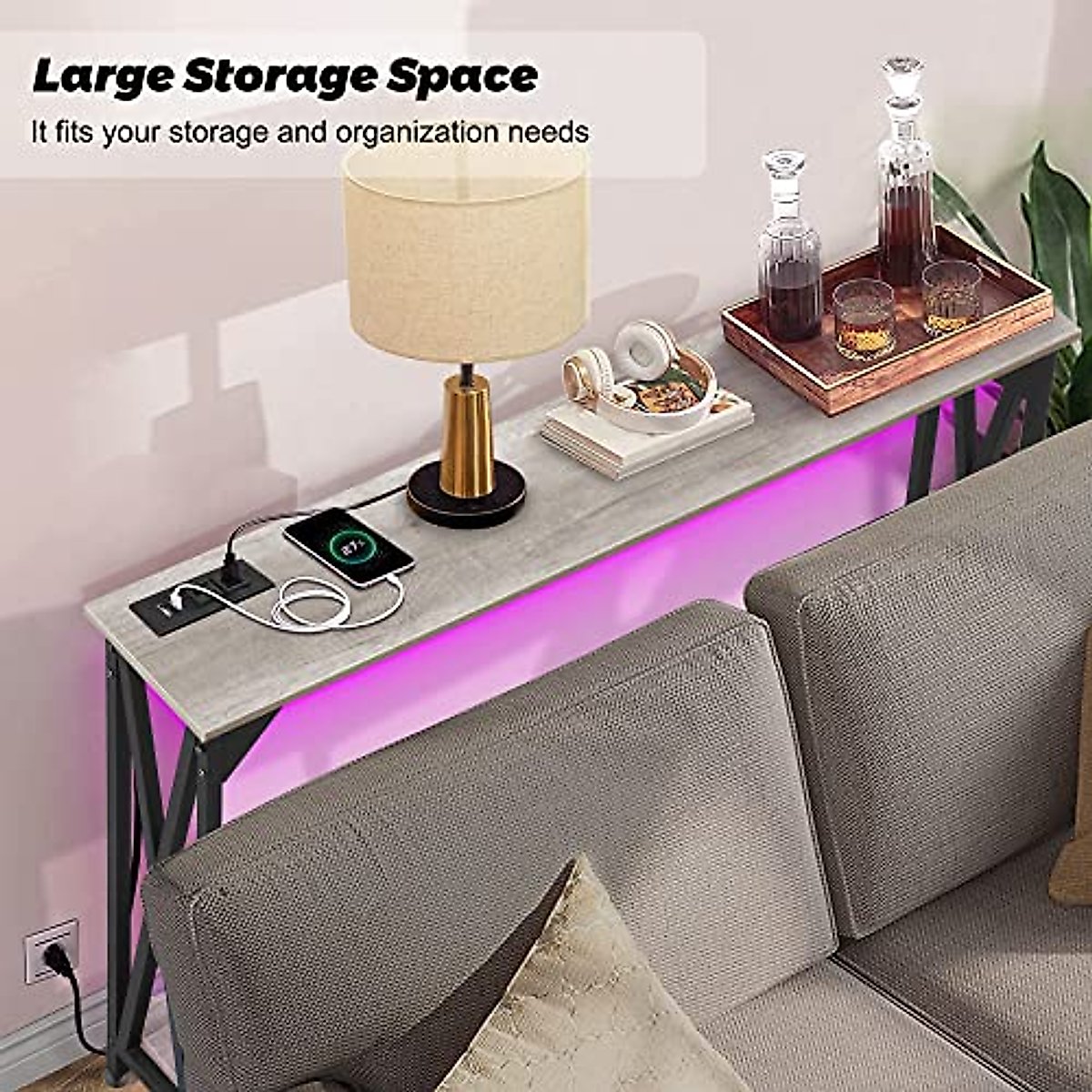 DANSION 2 Tiers Console Sofa Table with Power Outlet, Industrial Entryway Table with Open Storage Shelf, Accent Side Table with LED Strip Lights for Hallway Living Room, X-Shaped Metal Frame Support