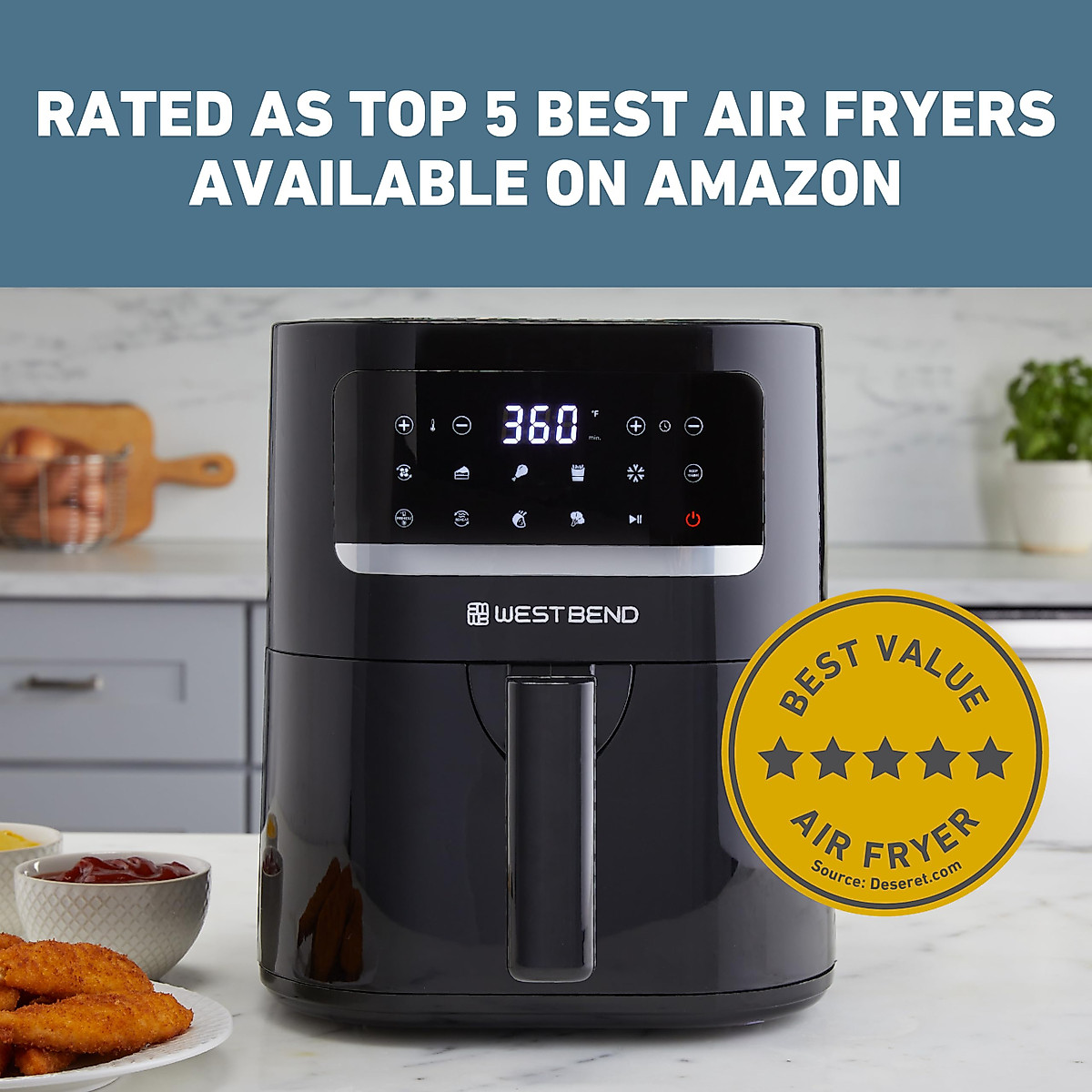 West Bend Compact Air Fryer 5-Quart Capacity with Digital Controls and 10 Cooking Presets, Nonstick Frying Basket, 1500-Watts, Black