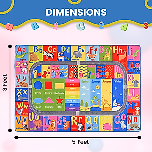 Toastmark Non-Slip ABC Rug for Fun Learning - 5X3 Feet - Polyester - Kids Rugs for Playroom with Alphabet, Numbers, Animal Seasons and Shapes - Multi-Color