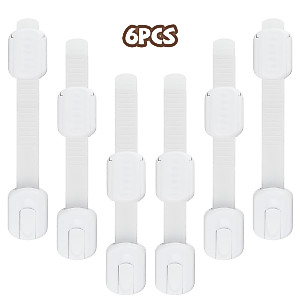 6 Pack Baby Safety Strap Locks Child Proof Locks with Adhesive Pads, Easy Installation, No Drilling, Adjustable Strap Latches for Drawers, Toilet, Fridge, Dishwasher (White)