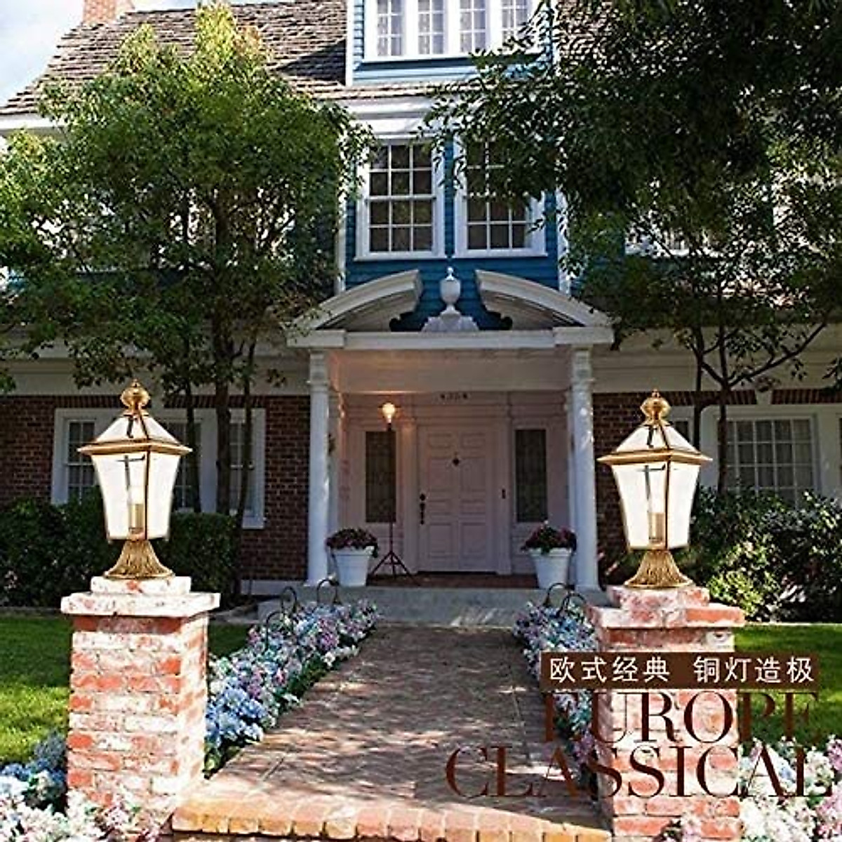 MODEBHD European Copper Brass Column Lamps Victoria Glass Lantern Outdoor Table Lamp Waterproof Pillar Lawn Garden Lamp E27 Decoration Villa Landscape Grass Door Street Post Light Fixture