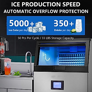 Commercial Ice Maker, 100lbs/24H, Ice Maker Machine, 50 Ice Cubes in 8-15 Minutes, Freestanding Cabinet Ice Maker with 33lbs Storage Capacity for Bar Home Office Restaurant, 2 Water Inlet Modes