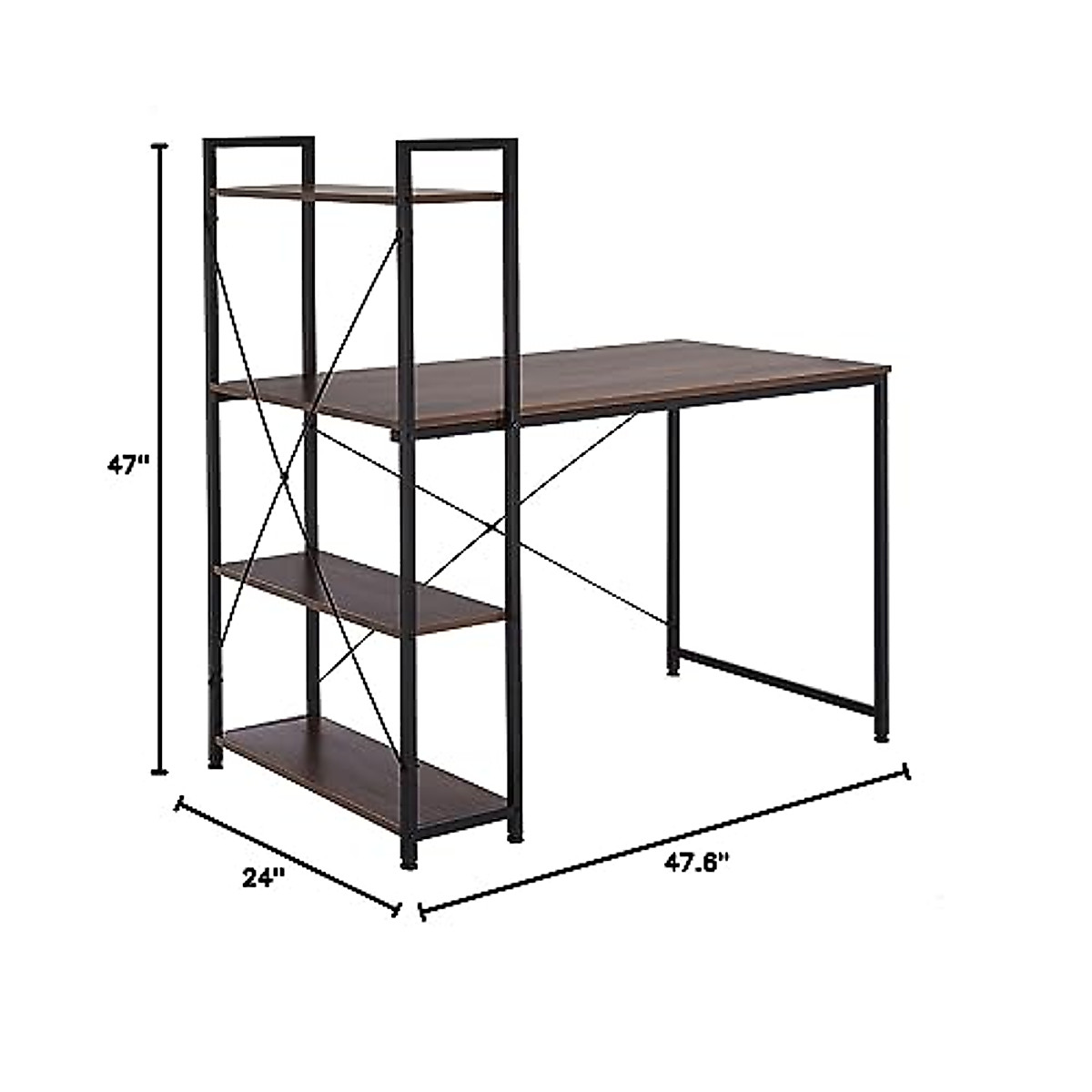 Coral Flower Tower Computer Desk with 4 Tier Shelves - 47.6'' Multi Level Writing Study Table with Bookshelves Modern Steel Frame Wood Desk Compact Home Office Workstation (Natural brown)
