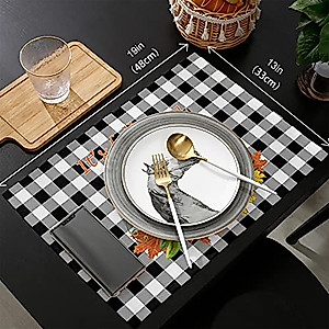 Linen Burlap Table Runner and Placemats-It's Fall Y'all Pumpkin Sunflower Maple Leaf on Black White Buffalo Plaid,Heat-Resistant Washable Placemats Set of 6 with Runner for Dining Table Farmhouse