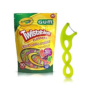 GUM Crayola Twistables Kids Flossers with Fluoride - Designed for Little Hands - Three Fun Fruit Flavors - Easy to Use Kids Floss Picks for Children Ages 3+, 90 ct