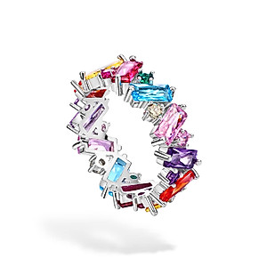 Michooyel Eternity Rainbow Ring Band Ring for Women Rhodium Plated Baguette Multicolor Cubic Zirconia Eternity Ring