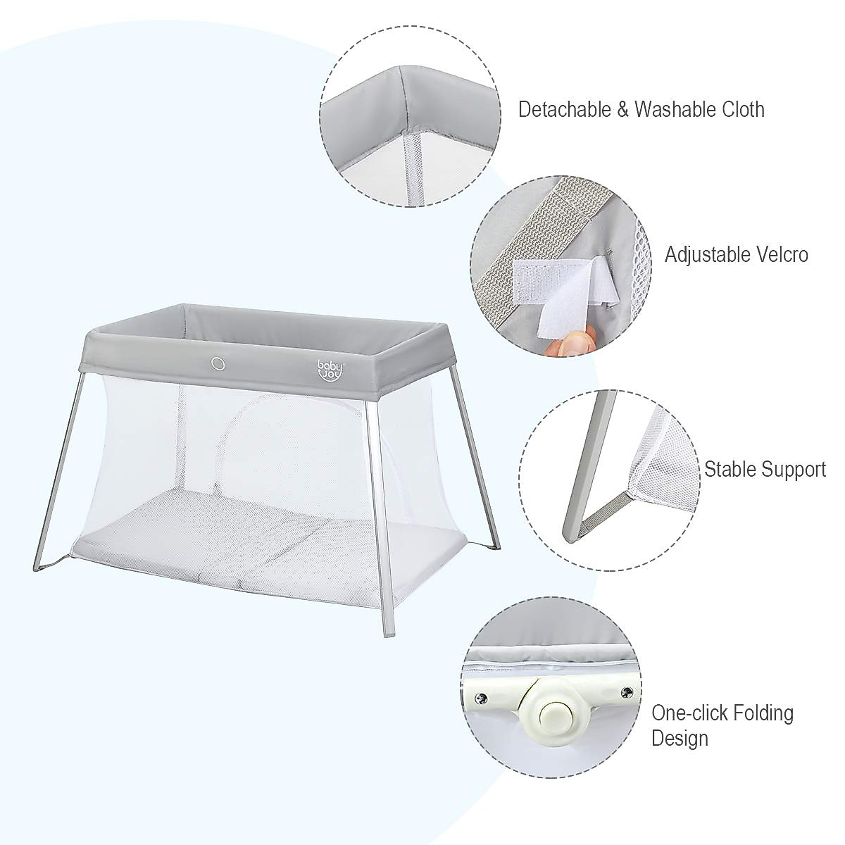 HONEY JOY Baby Travel Crib, Portable Pack and Play Travel Bassinet with Carry Bag, Lightweight Baby Playpen w/Washable Mattress, Side Zipper Door, Large Foldable Play-Yard for Infant Boy Girl (Sliver)