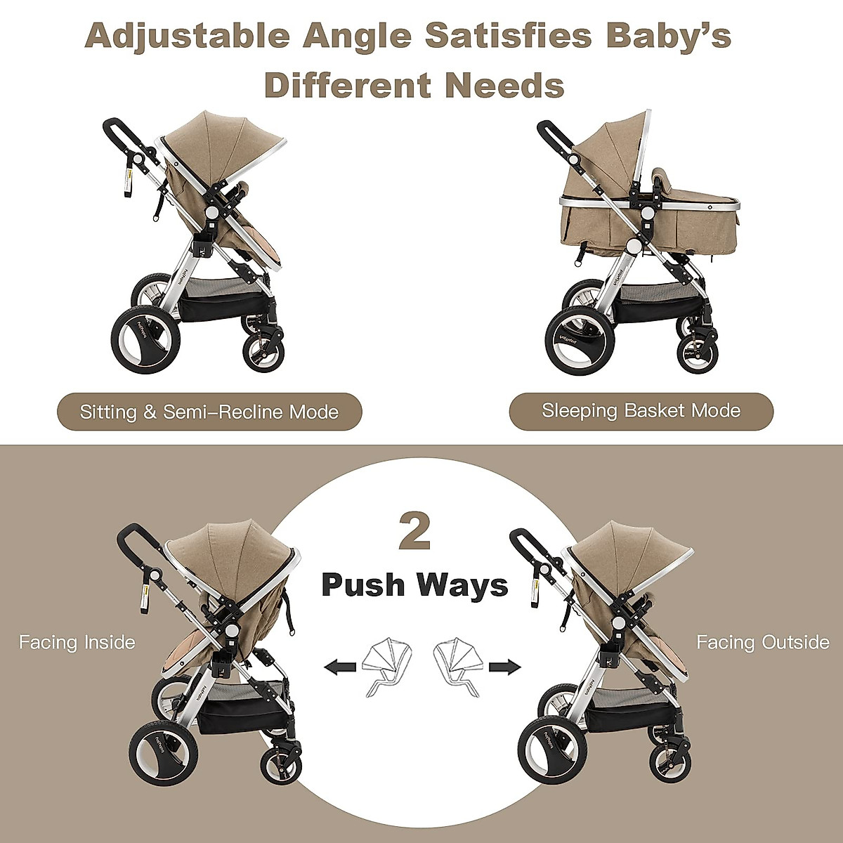 BABY JOY Baby Stroller, 2-in-1 Convertible Bassinet Reclining Stroller, Foldable Pram Carriage with 5-Point Harness, Including Cup Holder, Foot Cover, Diaper Bag, Aluminum Structure, Khaki