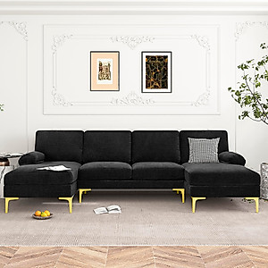 VERYKE U Shape Sectional Sofa Couch,Modern 110'' Chenille Fabric Sectional Couch Sofa, Upholstered Sofa Bed with Golden Metal Legs for Living Room
