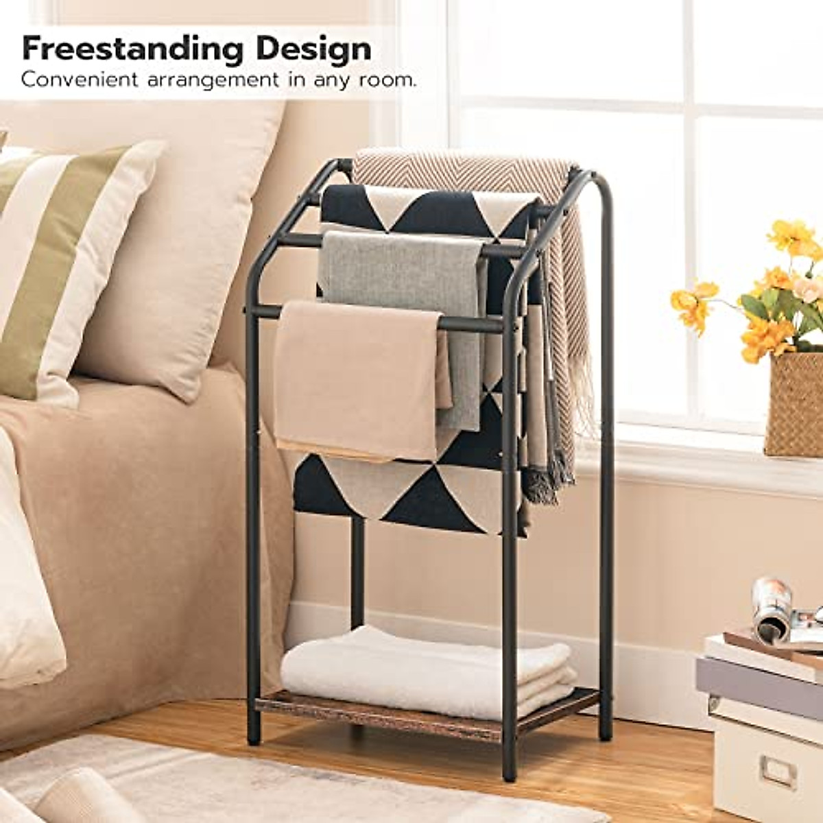 HOOBRO Freestanding Towel Rack, 4 Tier Blanket Rack Stand, 16.3"L x 11.2"W x 31.3"H, Blanket Ladder Holder, Quilt Rack, Drying and Display Rack, Living Room, Bathroom, Rustic Brown and Black BF64LB01