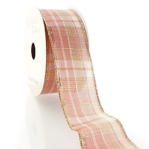 Ribbon Traditions 2 1/2" Wired Ribbon Rose Pink Metallic Gold Plaid - 10 Yards
