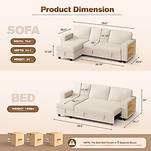 YESHOMY L-Shaped Sofa Bed Convertible Sectional Couch for Living Room with Pull Out Sleeper, Storage Chaise & 2 Built-in Bookcases, Light Beige