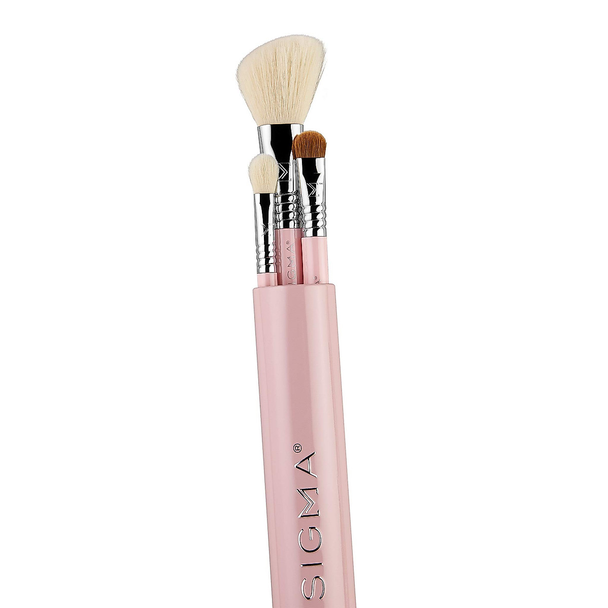 Sigma Beauty Travel Essential Trio - Makeup Brush Set for Foundation Powder Eyeshadow - 3 Tool Brushes with Brush Tin Holder - - Skin Safe, Vegan Makeup Brushes for Travel - Light Pink