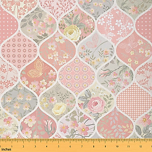 Spring Floral Fabric by The Yard Colorful Flowers Rustic Leaves Garden Plants Fabric for Girls Boys Kids Upholstery and Home DIY Projects Polka Dot Geometric Fabric for Sewing Hobby,1 Yard