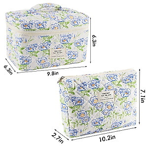 URSKYTOUS 2Pcs Cotton Quilted Makeup Bag for Women Floral Extra Large Small Travel Cosmetic Bag Set Big Cute Blue Makeup Pouch Portable Toiletry Bag Organizer Coquette Vintage Puffy Travel Essential