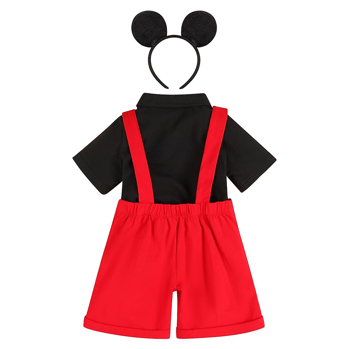 First Birthday Cake Smash Photo Prop Outfits for Baby Boys Romper+Bow Tie+Suspenders Overalls Bib Pants Shorts Ears Headband Halloween Baby Shower Clothing Set Red+Balck-Buttons 12-18 Months