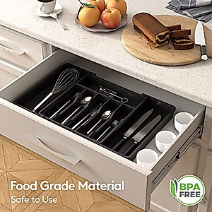 Lifewit Silverware Drawer Organizer, Expandable Utensil Tray for Kitchen, Adjustable Flatware and Cutlery Holder, Compact Plastic Storage for Spoons Forks Knives, Large, Black