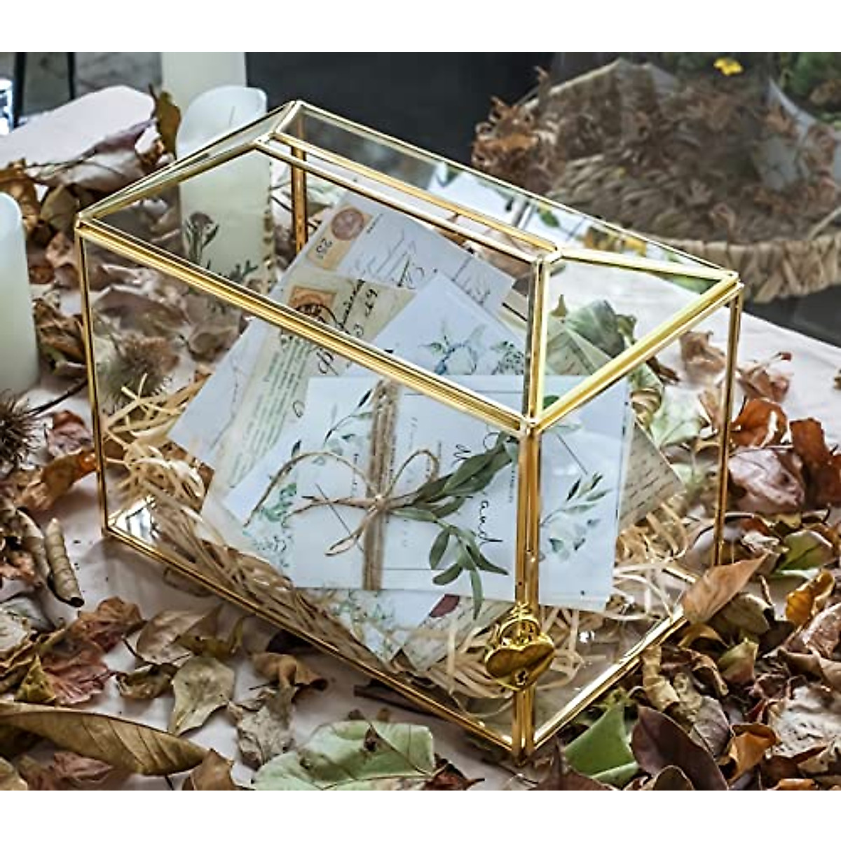 Gold Wedding Glass Card Box – 10.6 inch Large Wedding Card Holder Handmade Gold Glass Terrarium with Slot and Heart Lock, 10.6x5.9x8.3 Inches