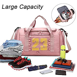 Sports Gym Bag for Women, Travel Duffle Bag Carry On Weekender Bag with Shoes Compartment & Wet Pocket, Overnight Bag Training Handbag Yoga Bag, Gym Tote Bag for Travel, Workout, Sport - Pink