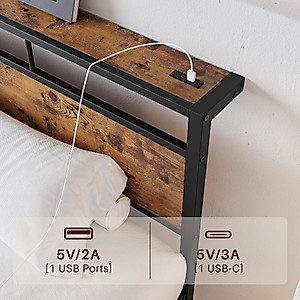 ZGEHCO Full Size Bed Frame with Headboard Storage,Wood Bed Frame with Charging Station,Platform Bed Frame Full Mattress Foundation No Box Spring Needed,Heavy Duty Steel Slat,Black&Brown Oak