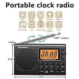 Rysamton Portable AM/FM/Shortwave Radio, Batteries Operated Pocket Radios, Large Digital Display, Clock Radio with Alarm and Sleep Function, Earphone Included
