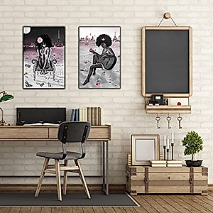 2 Pieces African American Wall Art Black Girl Fashion Posters Pink and Black Beach Eiffel Tower Painting Picture Modern Artwork for Bathroom Living Room Home Wall Decor (12x18 inch)