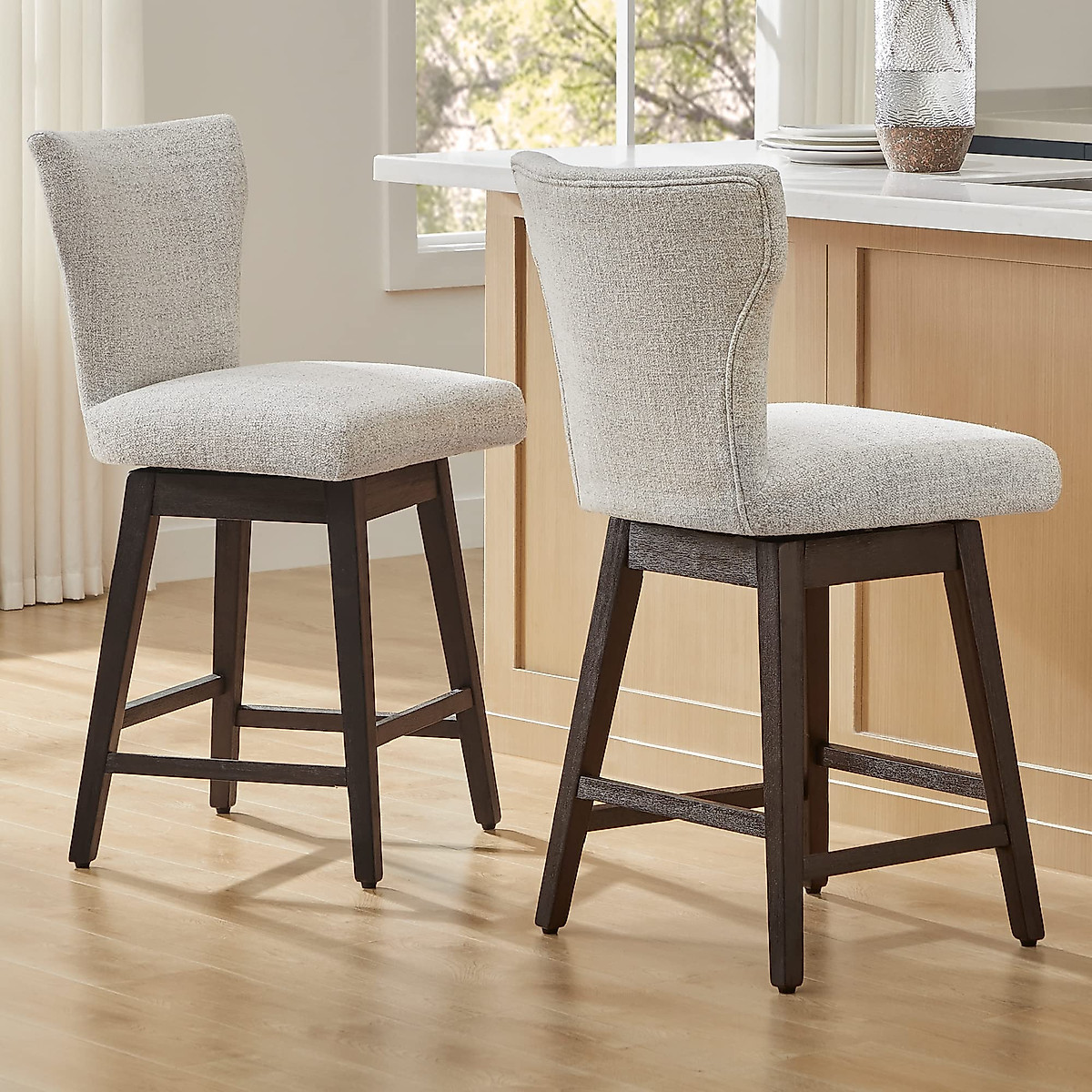 Watson & Whitely 360° Swivel Barstools Set of 2 for Kitchen Island, Easy to Clean Fabric Upholstered Counter Height Bar Stool with Back and Solid Wood Legs, 26" H Seat, White (Multi-Colored)