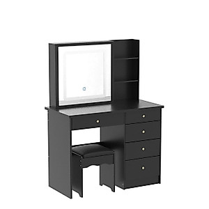 Homsee Vanity Desk Set Makeup Table with Large Sliding Lighted Mirror, Dressing Table with 5 Drawers, Storage Shelves & Cushioned Stool for Bedroom, Black