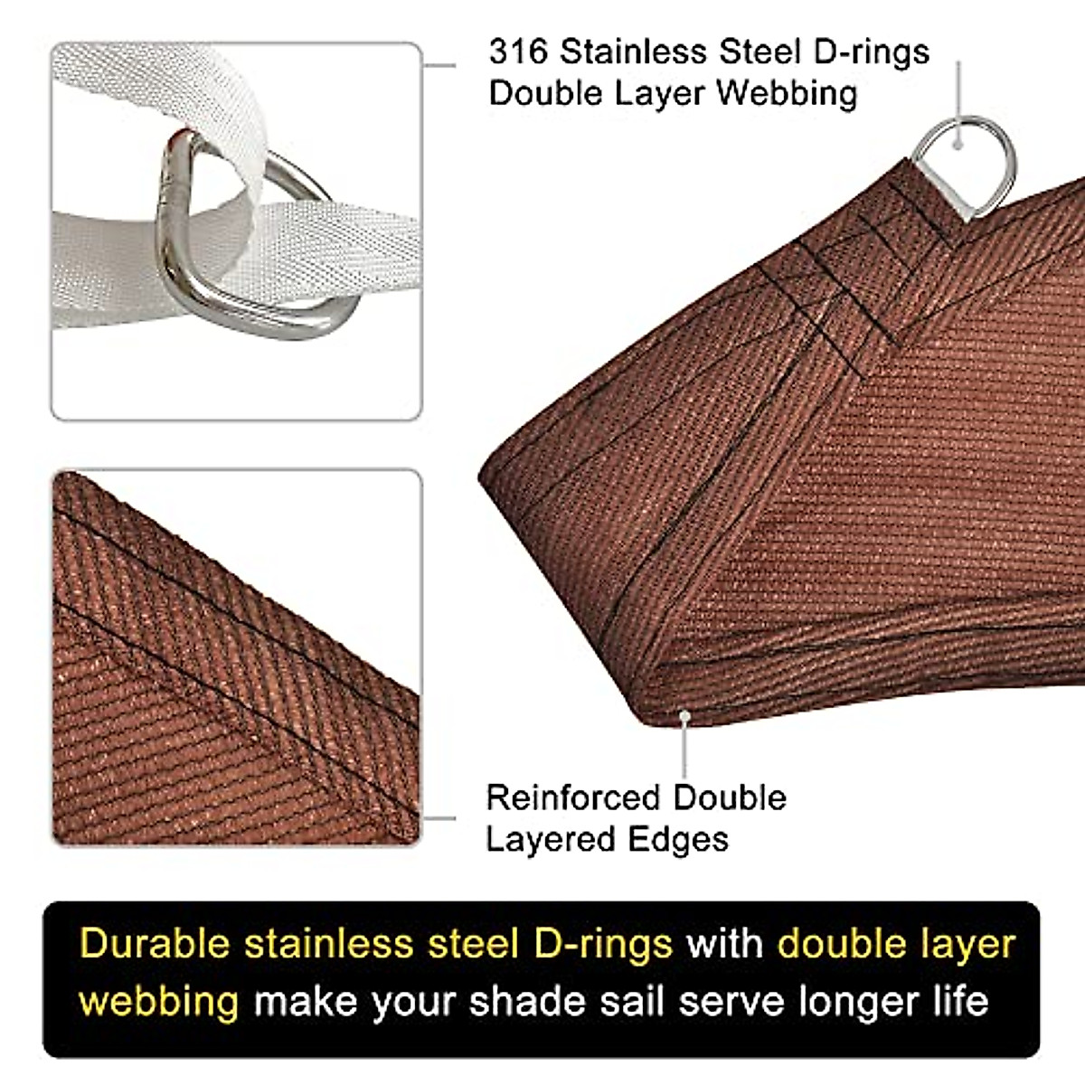 Sun Shade Sail 16'x16' Brown & Shade Sail Hardware Kit with Nylon Coated Cable Wire