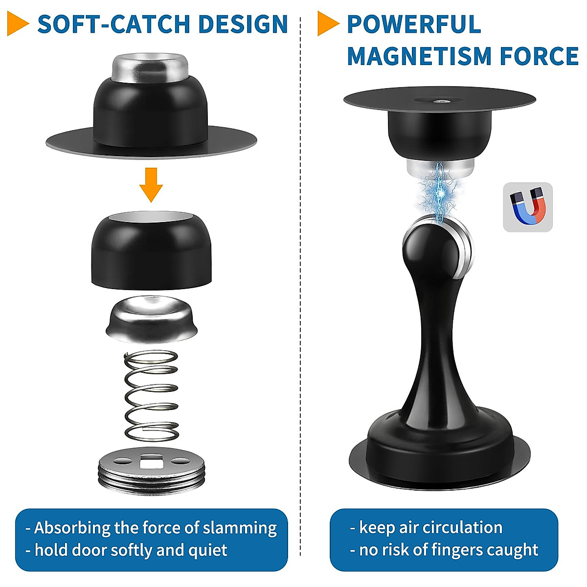 Door Stop,(2 Pack) Magnetic Door Stopper,Stainless Steel Door Catch Door Holder, Doorstop, 3M Double-Sided Adhesive Tape No Need to Drill, Black