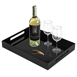 HofferRuffer Black Serving Tray, Waterproof Acrylic Tray with Handles for Coffee Table, Ottoman, Breakfast, Tea, Food, 16" x 12"