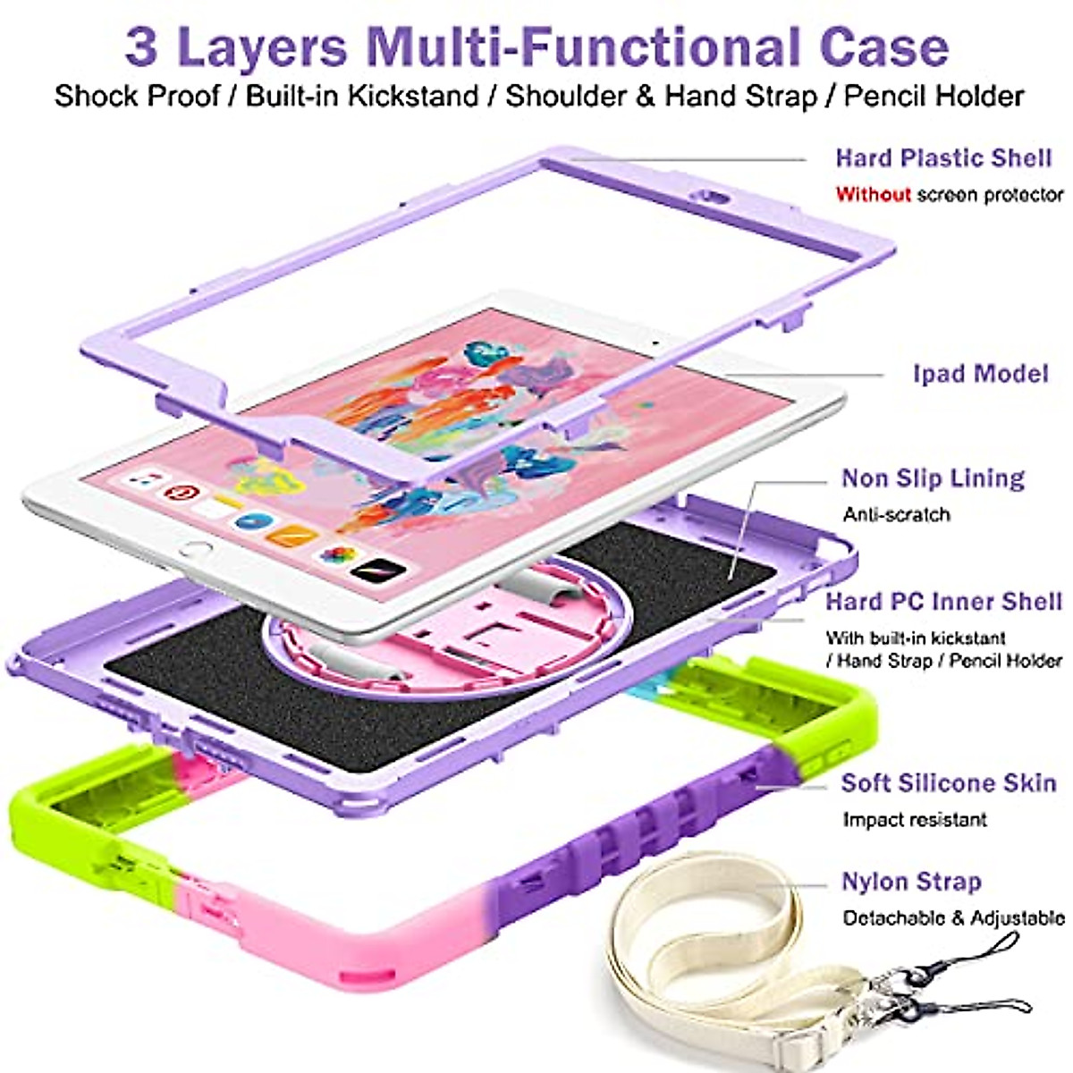 Hocase for iPad 6th/5th Generation Case, iPad 9.7 2018/2017 Case, with Pencil Holder, 360 Rotation Stand & Hand Strap, Rugged Shockproof Soft Silicone Hard Protective Case for Kids & Girls - Rainbow