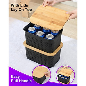 NEATJELAI Storage Bins With Lids 6 Packs Plastic Storage Containers With Bamboo Lids Stackable Storage Baskets for Organizing Desktop Closet Playroom Classroom Office,Black,10.8" L x 7.3" W x 5.1" H