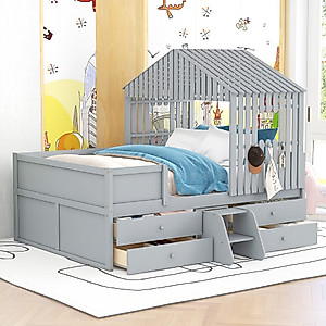 Full Size House Bed for Kids, Full Bed Frame with 4 Storage Drawers, Fences and Roof, Solid Wooden Low Loft Bed Full Platform Bed Frame for Kids Teens Girls & Boys (Full, Gray)