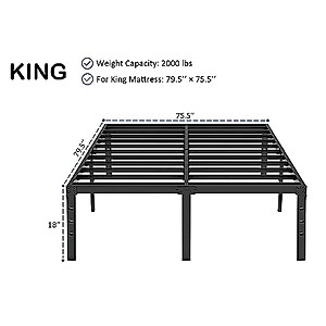 QKOKSY 18 Inch King Size Bed Frame Metal Platform Heavy Duty Black King Bed Frame, No Box Spring Needed, Easy Assembly and Noise Free, Under Bed Storage