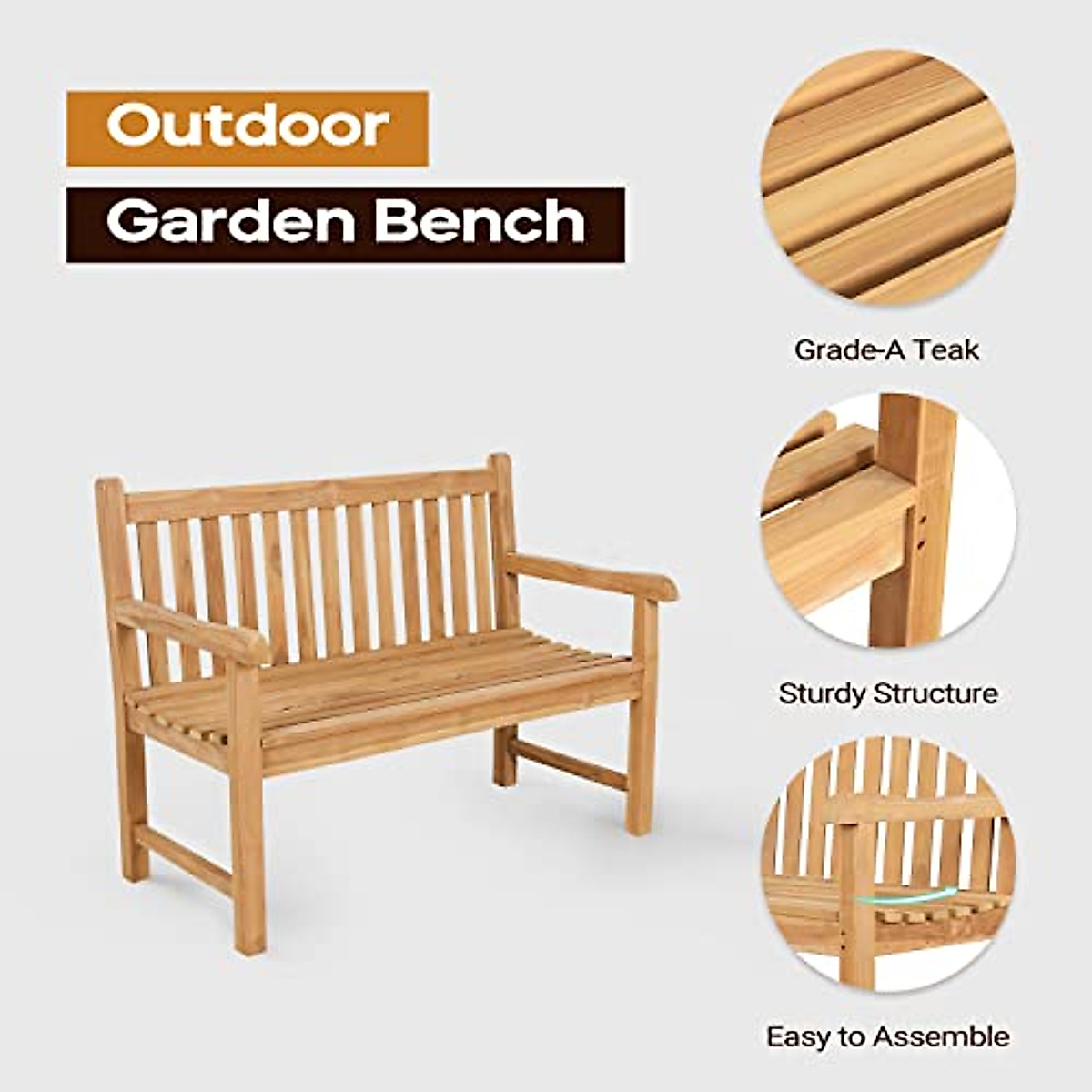OTSUN Garden Bench Outdoor Bench, A-Grade Teak Bench for Front Porch with Curved Backrest and Arch Armrest, Yard Benches for Outdoor Indoor, and Patio, 48" Lx26 Wx36 H, 100% Teak Wood