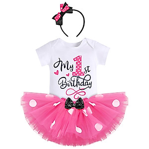 IBTOM CASTLE Baby Girls One 1st Birthday Outfit Polka Dots Romper Tutu Dress Sequin Bowknot Headband Princess Skirt One Years Old Clothes Set for Kids Prom Dance Evening Ball Gown Hot Pink-1ST 1T