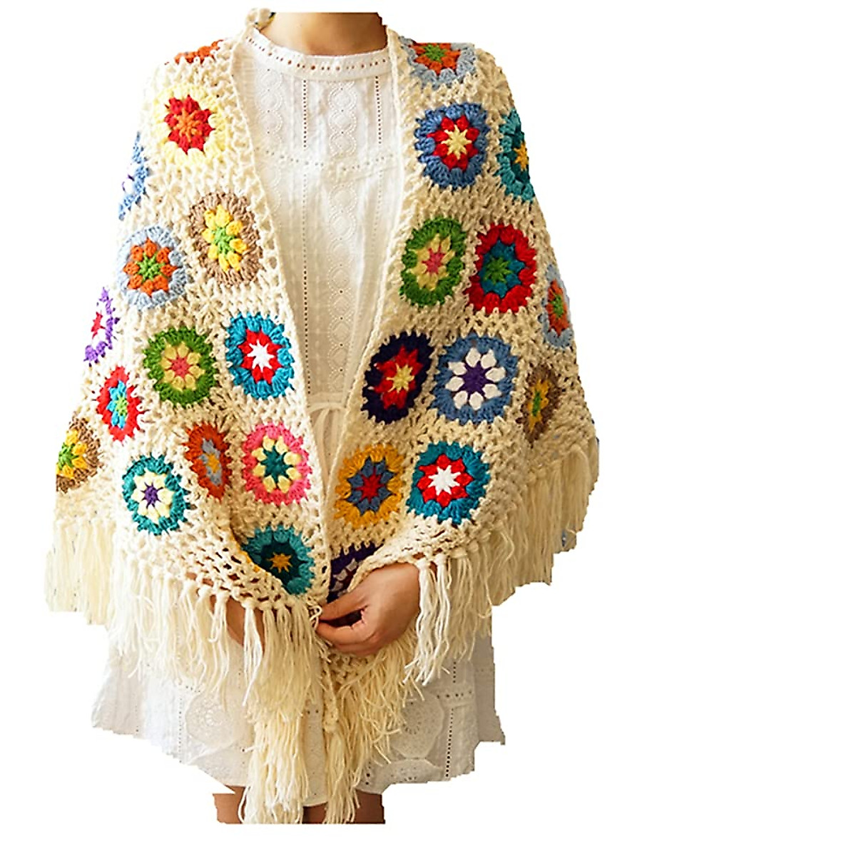 Hblanket Handmade Crochet tassels Shawls Wraps Granny Square Womens Coat Sweater 62x30in (white)