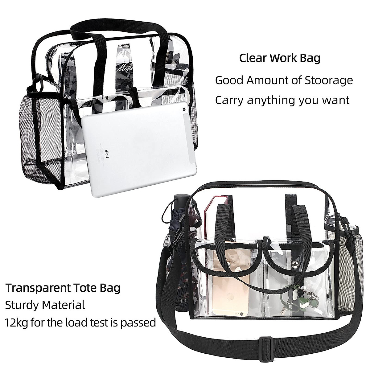 MOFASVIGI Clear Bag Stadium Approved Transparent Waterproof Clear Tote Bags for Work, Sports Games, Concerts,Travel-12 x12 x6